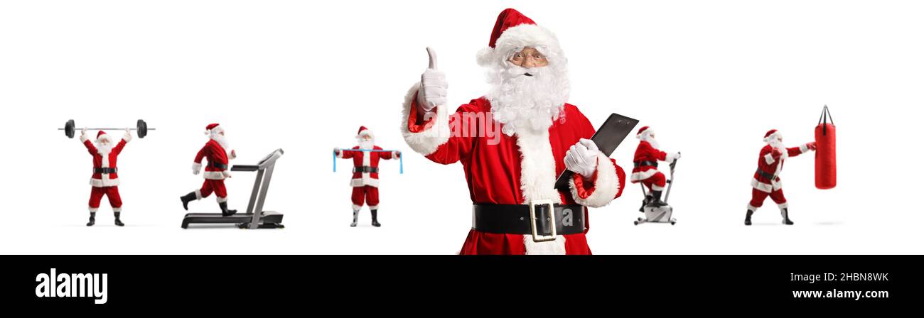 Santa claus gesturing thumbs up and standing in front of other santa ...