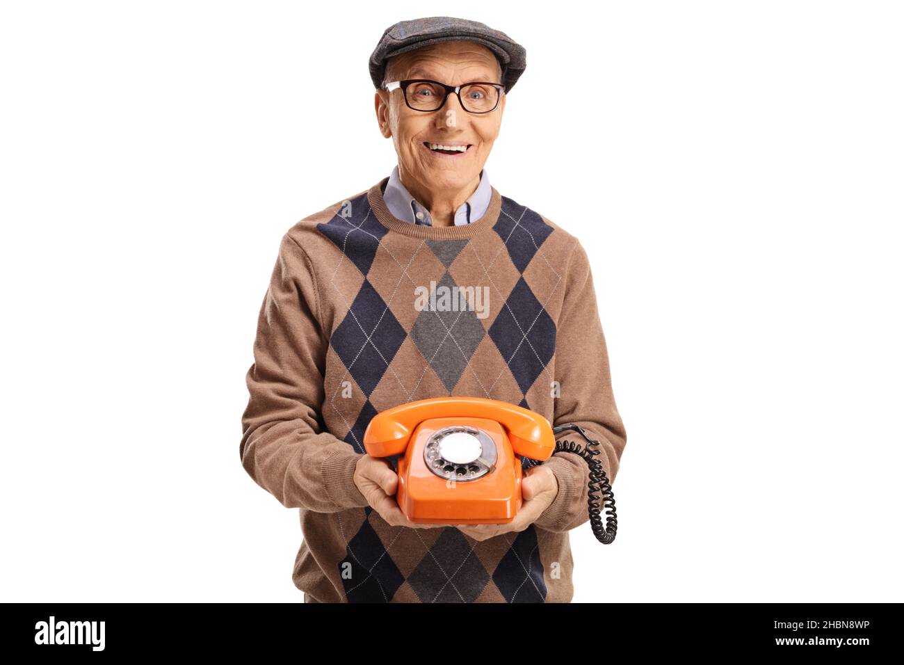 Happy elderly man holding an old vintage rotary phone and smiling ...