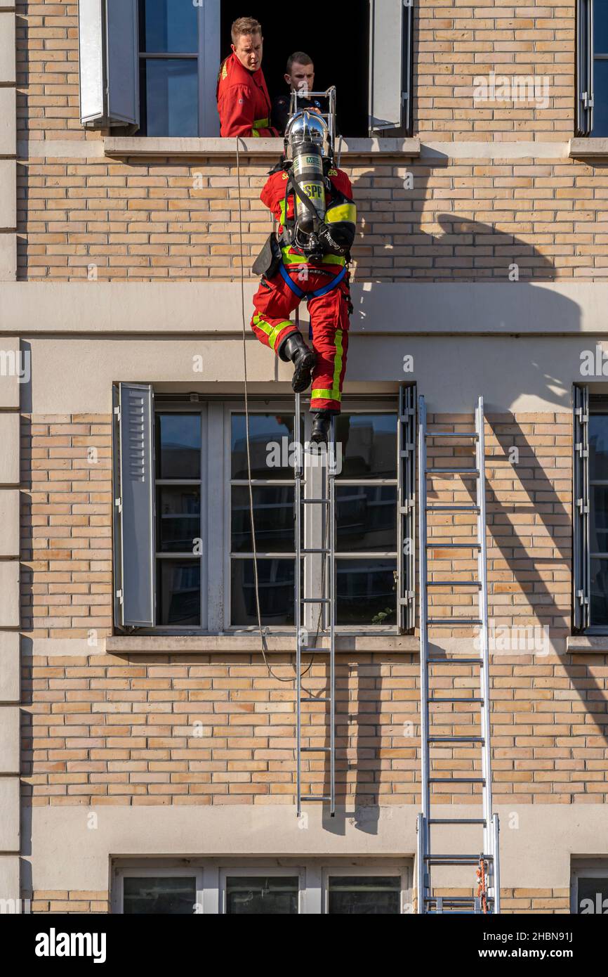 Paris, France - 11 06 2021: Paris firefighters carrying out a training ...