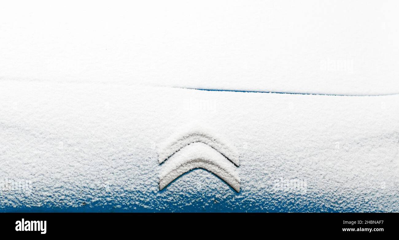 Moscow, Russia - December 14, 2021: Winter, car hood covered with frost ...