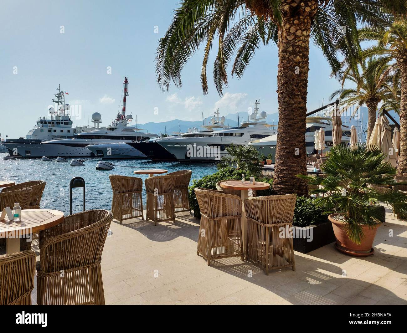 promenade street on seafront of Porto Montenegro, the famous port in ...
