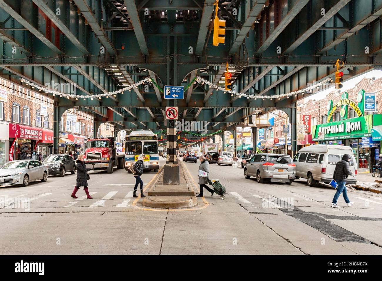 Underneath New York subway metro bridge in Coney Island Brighton Beach ...