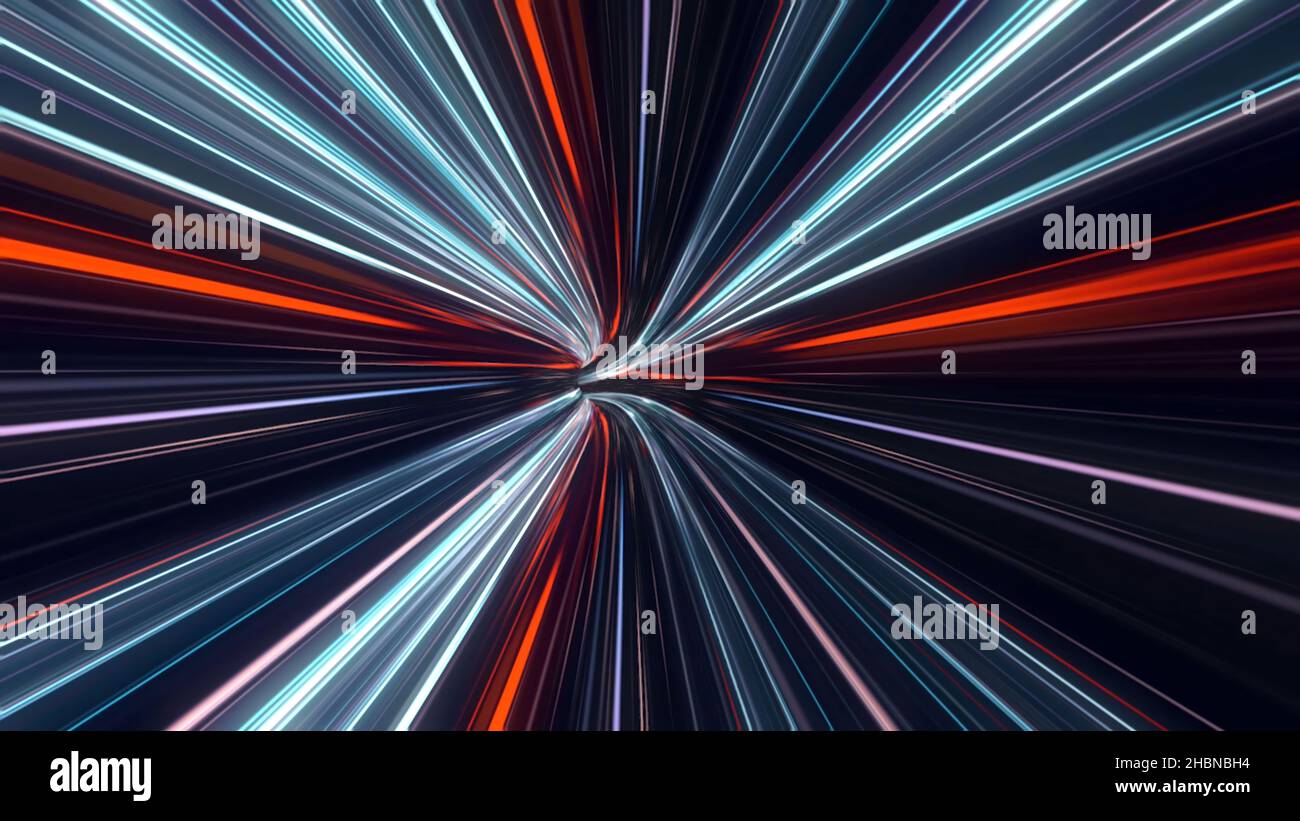 Abstract colorful glowing lasers forming speed tunnel on black ...