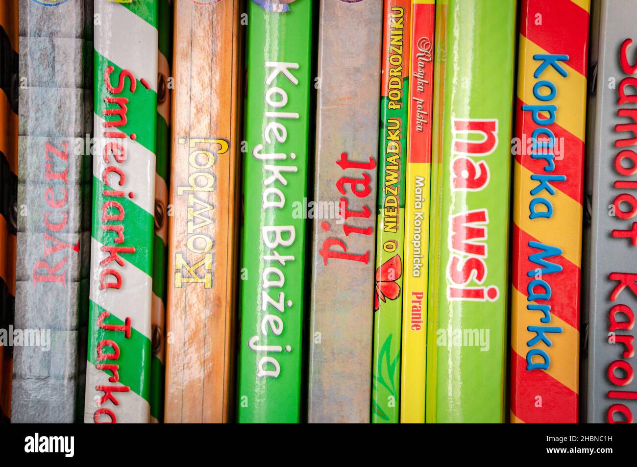 POZNAN, POLAND - Jun 10, 2019: A closeup of a row of children's books ...