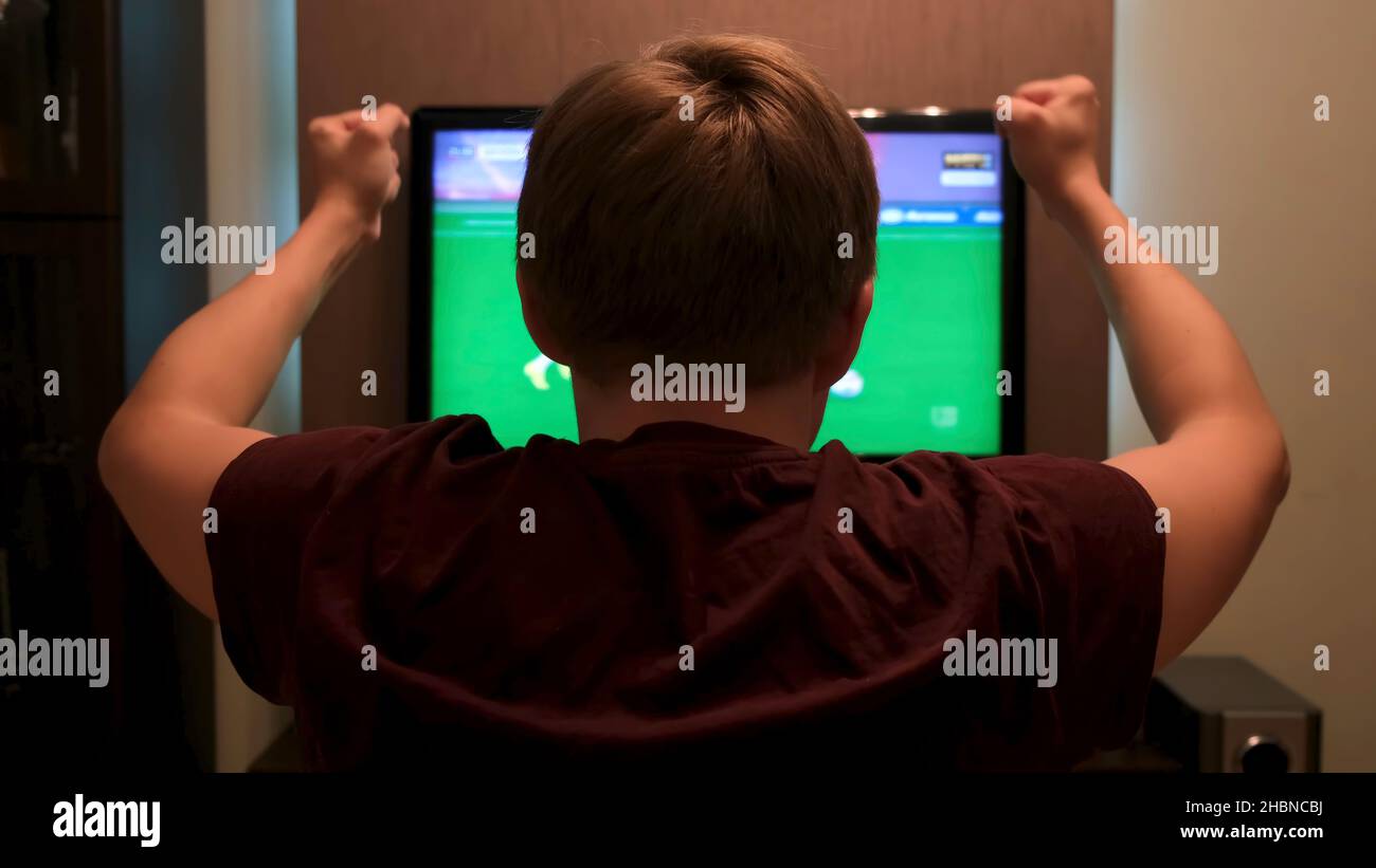 Sports, happiness and people concept, man watching sports on tv and ...