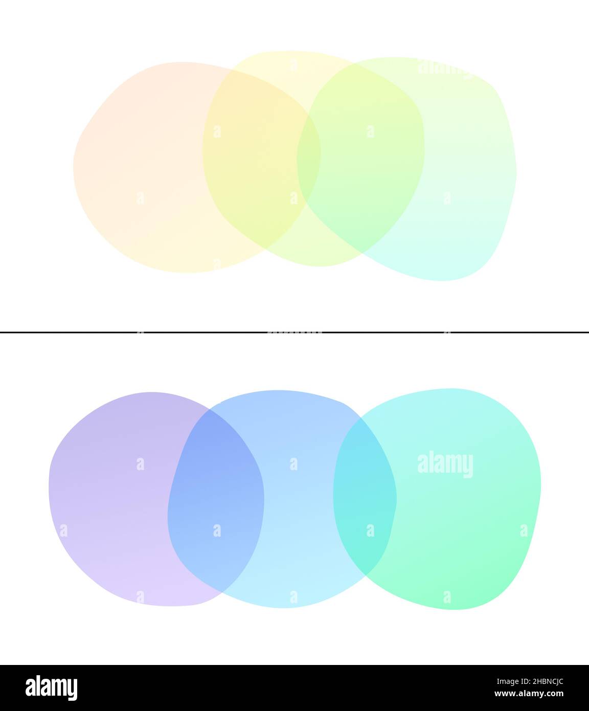 Transparent, uneven and overlapping colorful roundish blobs on white. Two abstract high ...