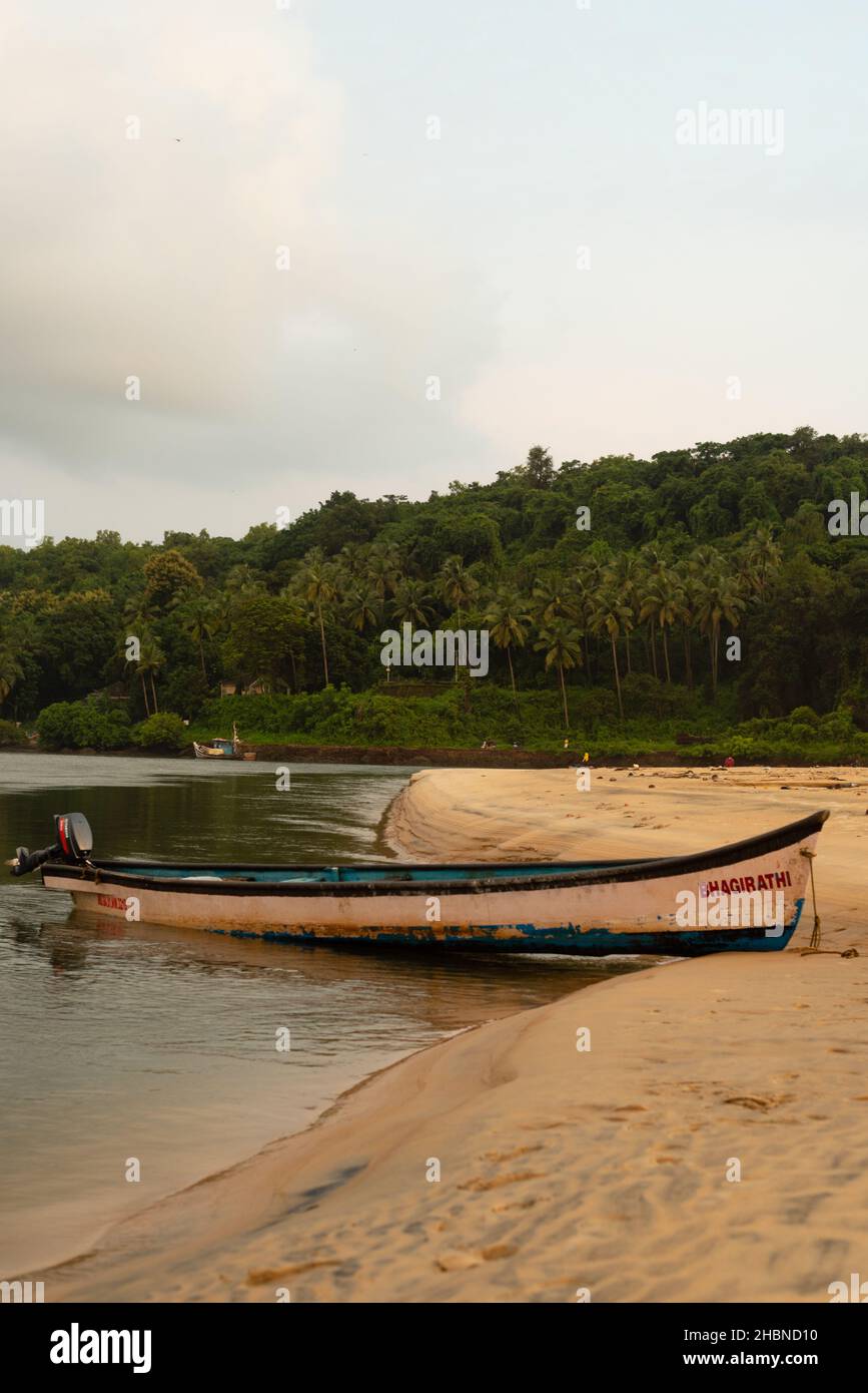 GOA, INDIA - Sep 25, 2021: A wooden boat at the beach in Goa, India ...