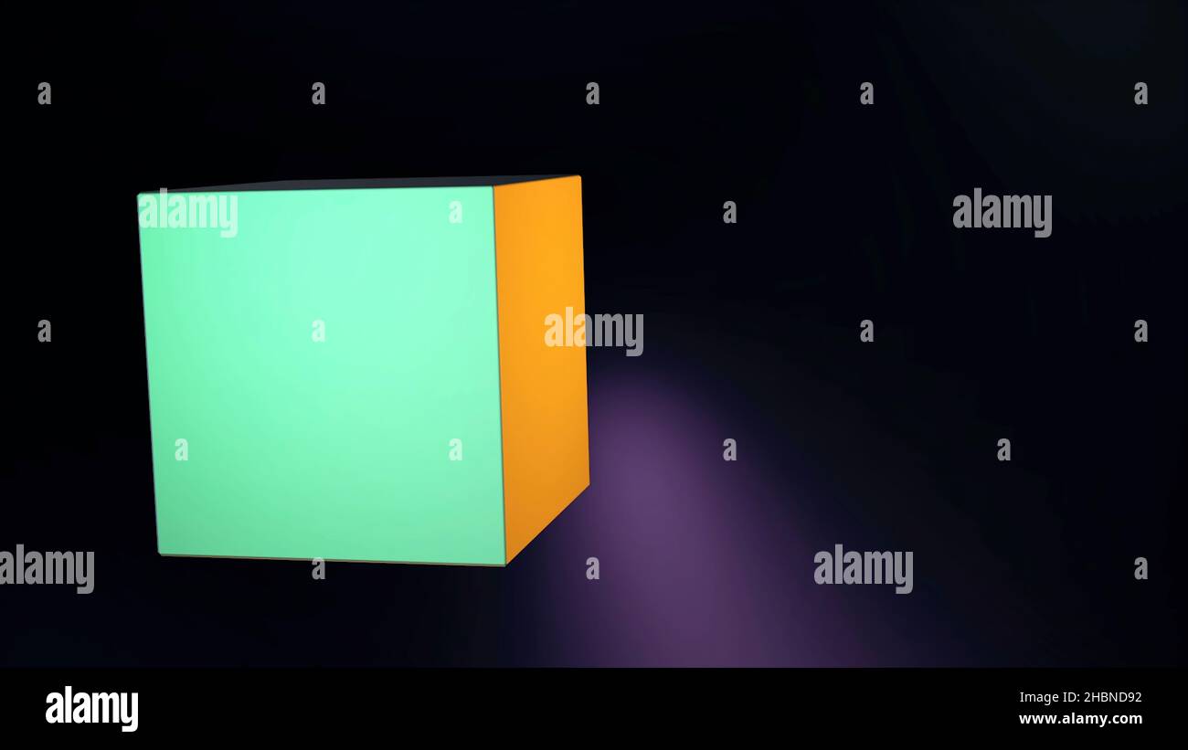 Abstract 3D cube rotating and changing colours of its faces, isolated ...