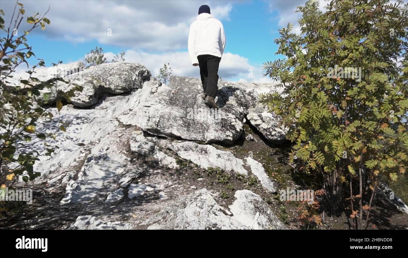 Back view of man standing on rock looking at horizon hi-res stock ...