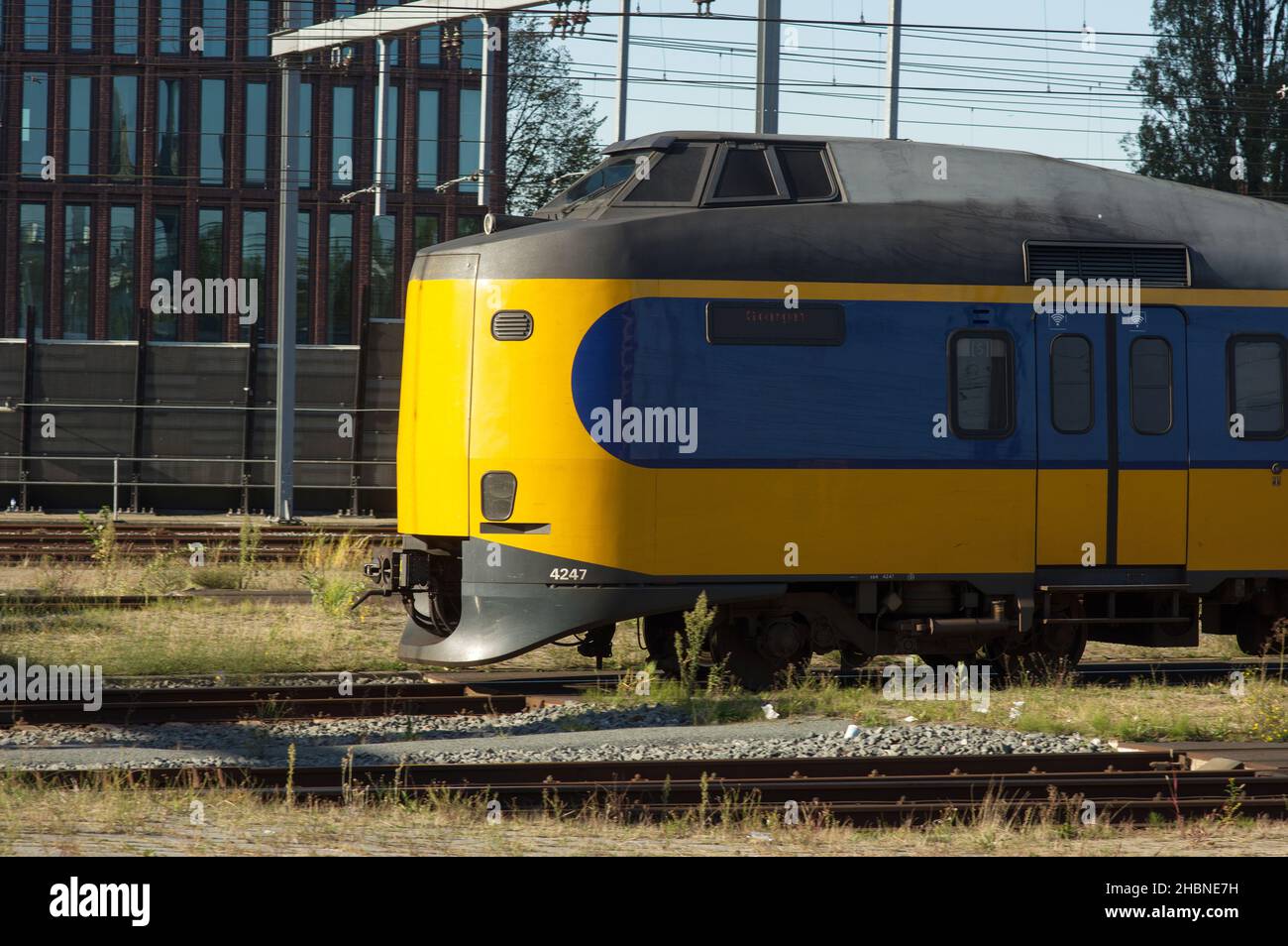 Yellow and blue train at high speed on the railway the Netherlands ...