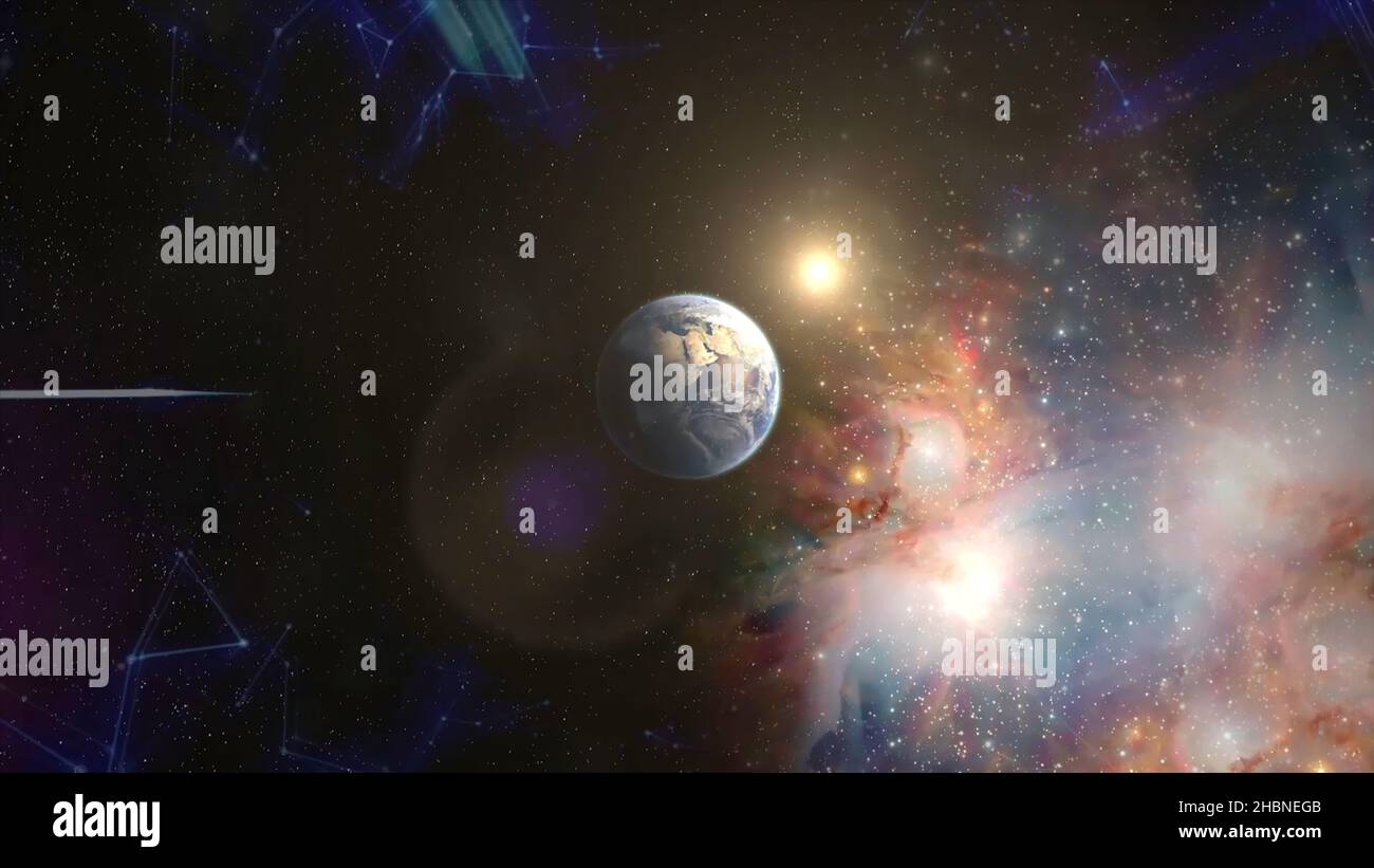 Incoming blue light moving toward spinning earth with trail light ...