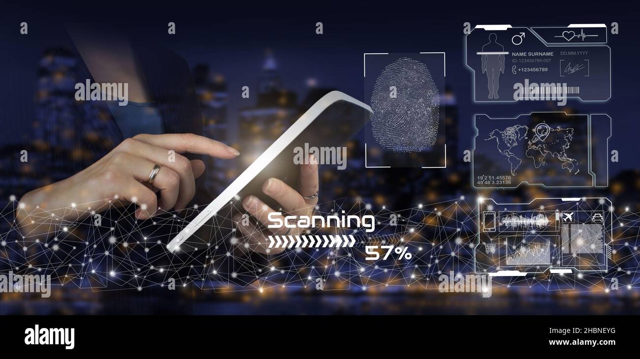 Fingerprint scanning of biometric identity and approval. Hand touch ...