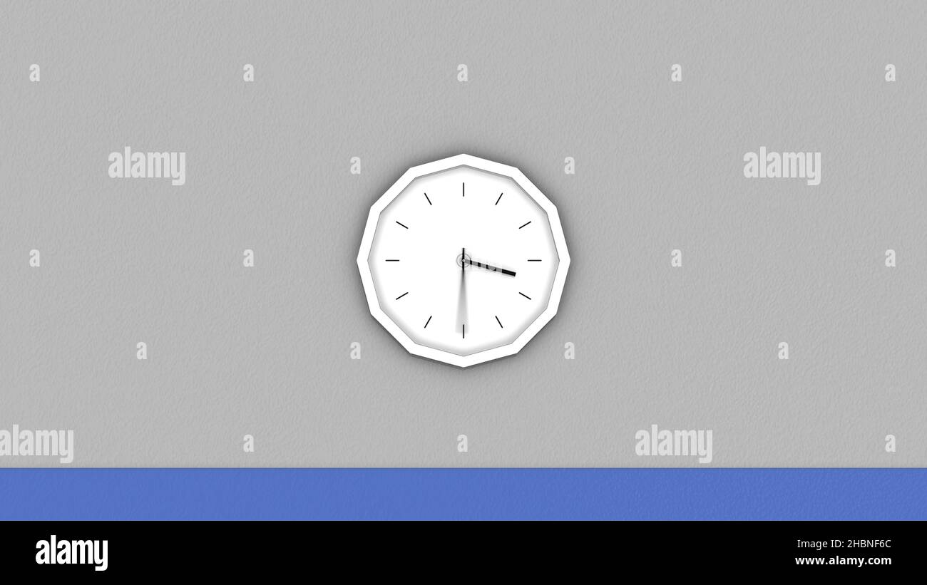 Abstract round clock hanging on the wall. Moving towards the white ...