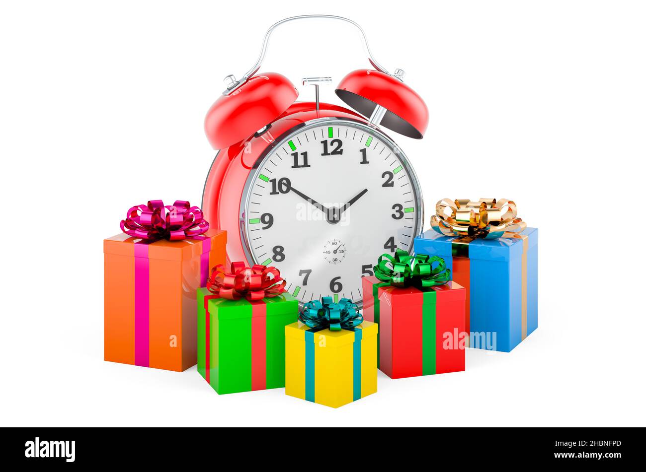 Alarm clock with gift boxes, gift concept. 3D rendering isolated on ...