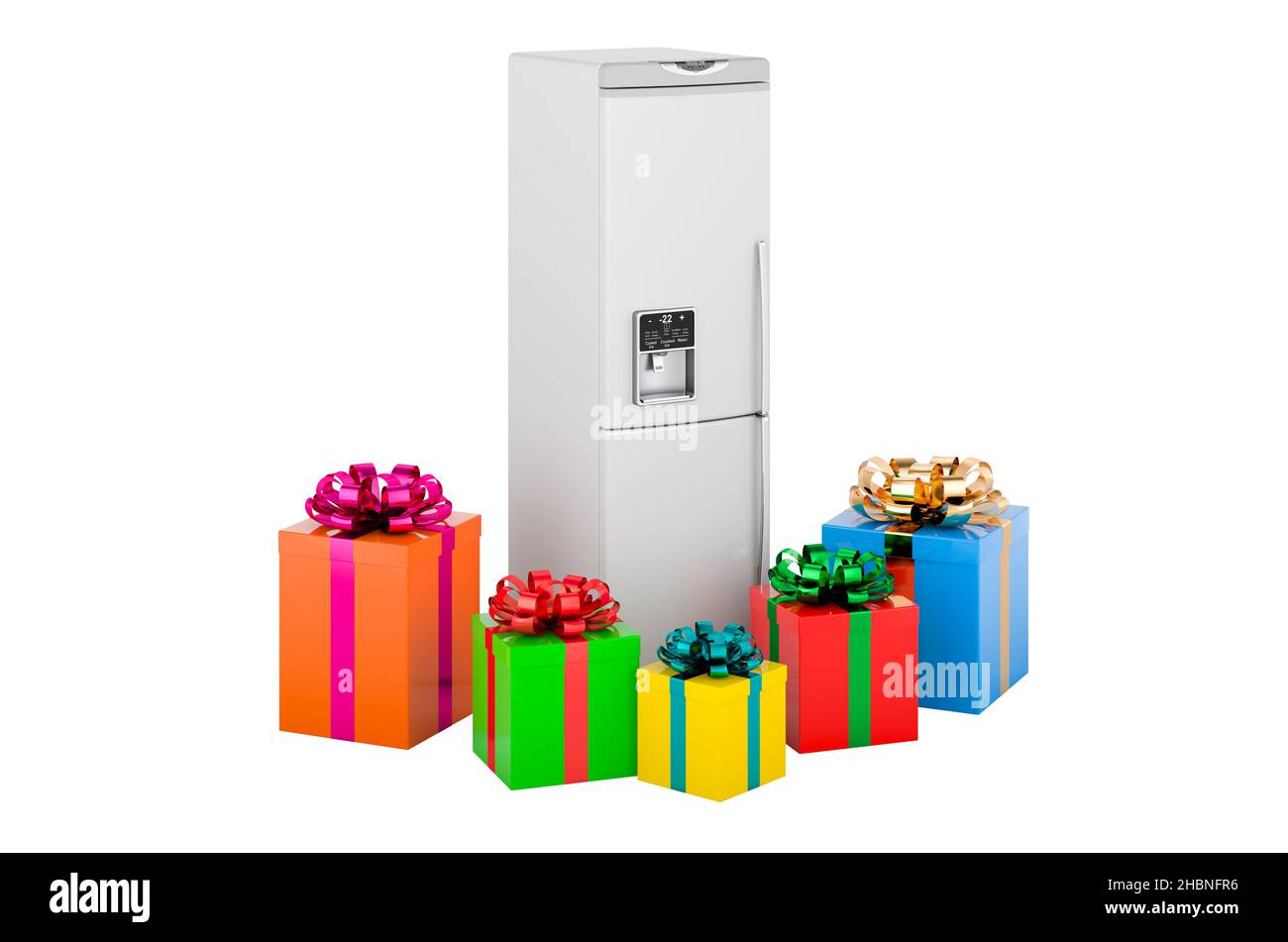 Fridge with gift boxes, 3D rendering isolated on white background Stock ...