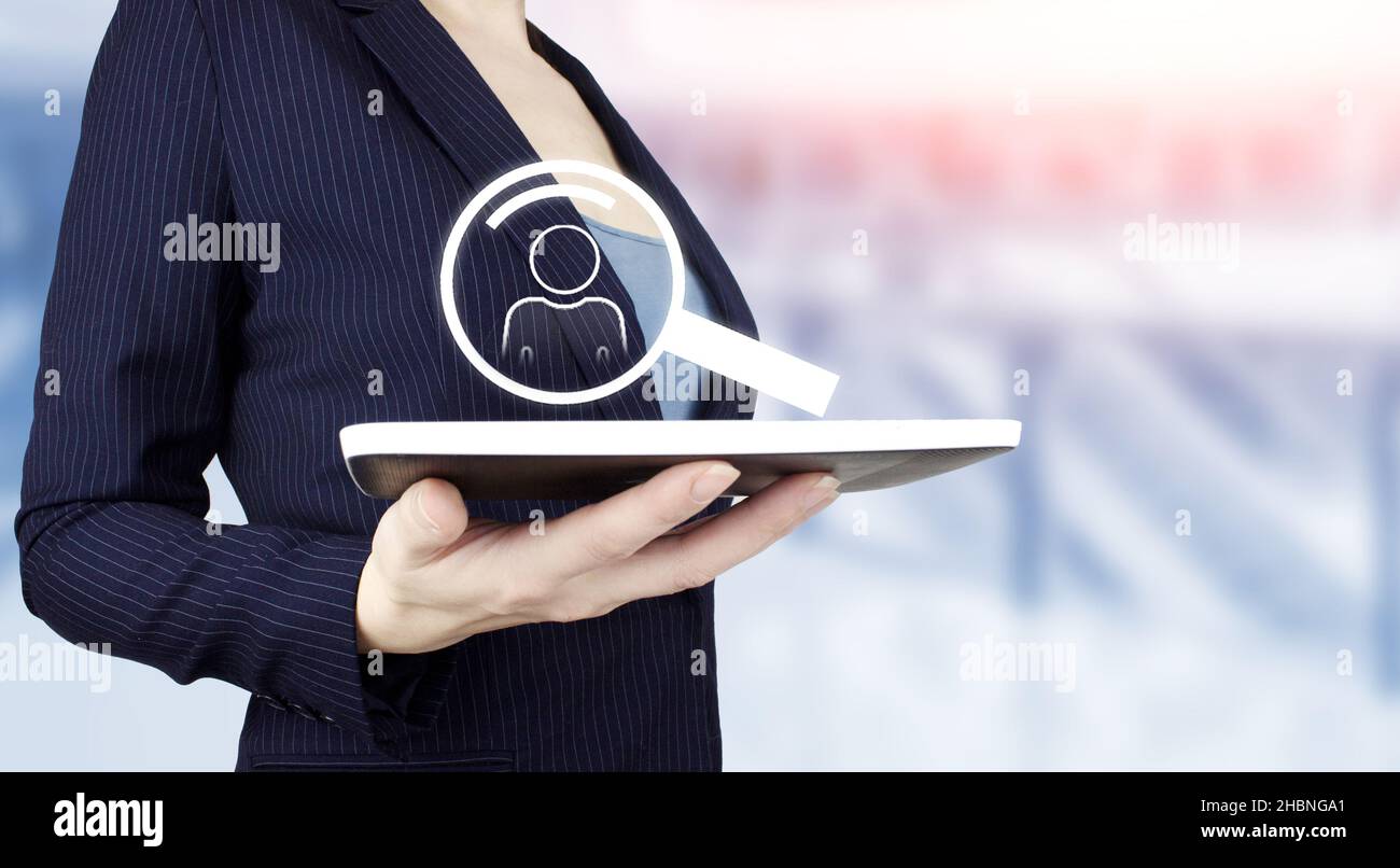 HR Human Resources Recruitment Employment. Hand hold white tablet with ...