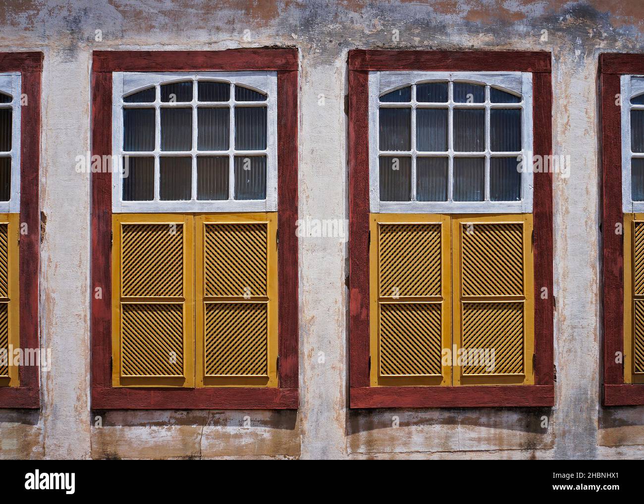 Ancient colonial windows in historical city of Ouro Preto, Brazil Stock ...