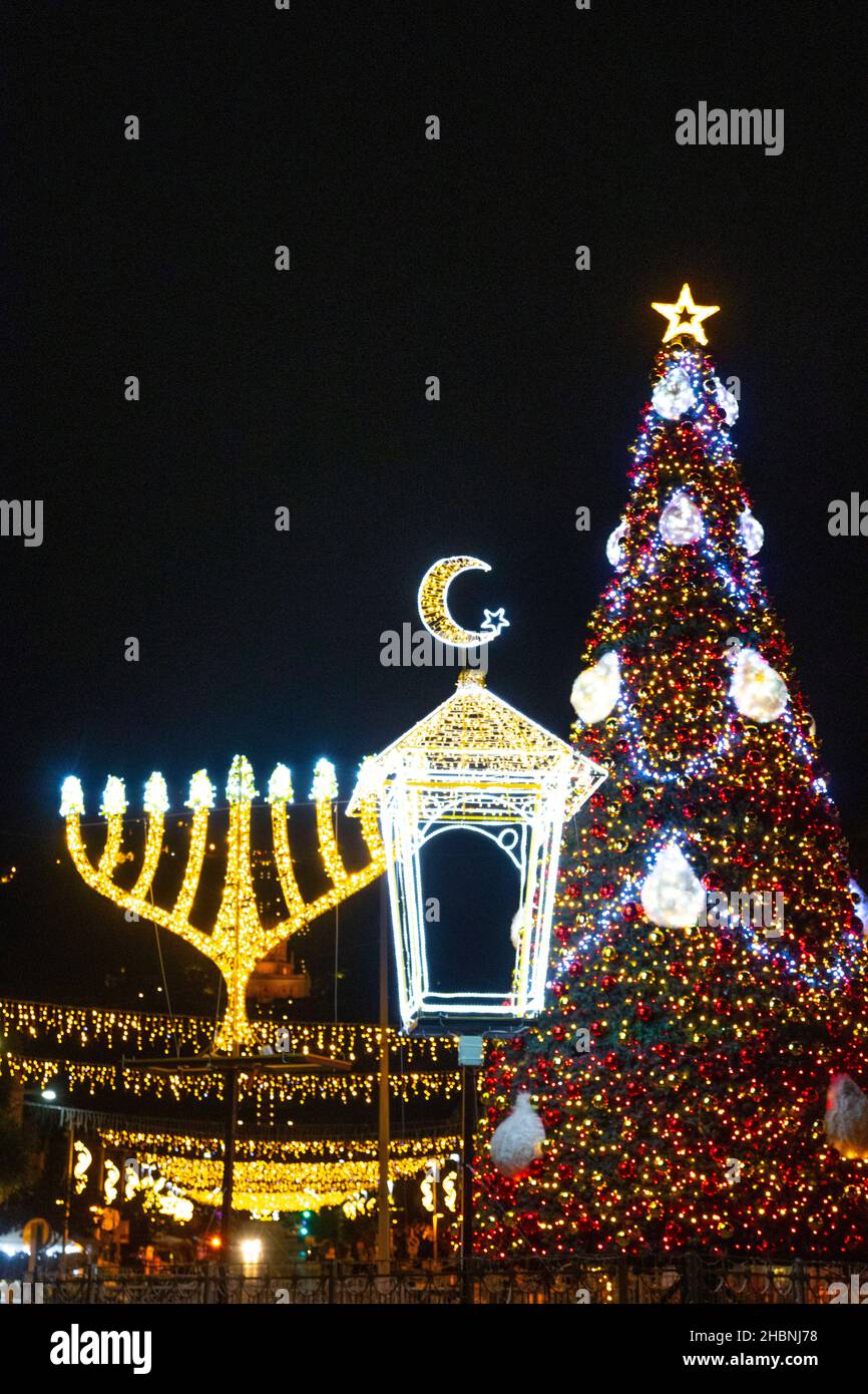 Different decoration and christmas trees during holiday of the holidays ...