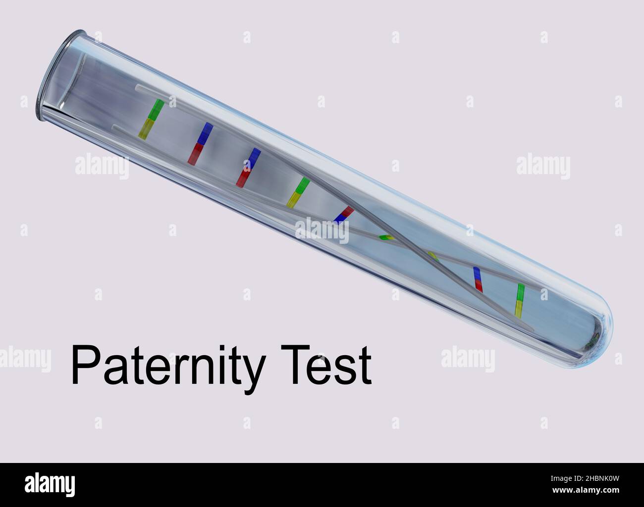 3D illustration of a DNA double helix contained in a test tube, along ...