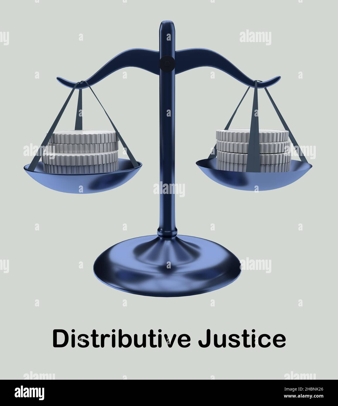 3D illustration of scales loaded with equal pile of coins on each hand ...