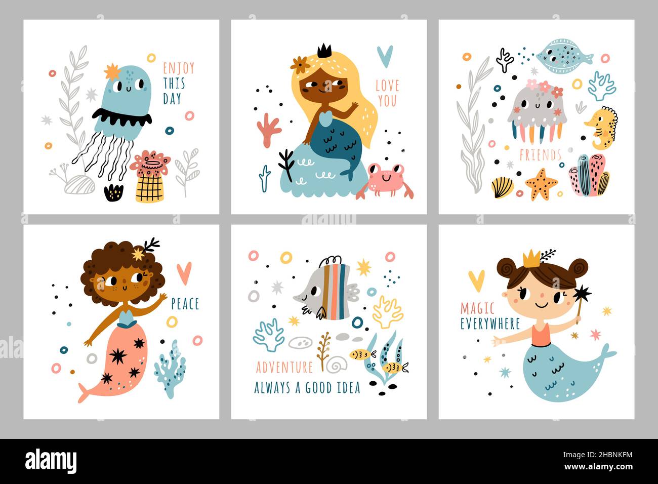 Cute mermaids cards. Little funny marine girls, underwater life ...