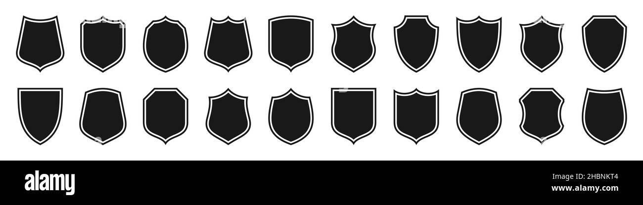 Set of various vintage shield icons. Black outlined heraldic shields ...