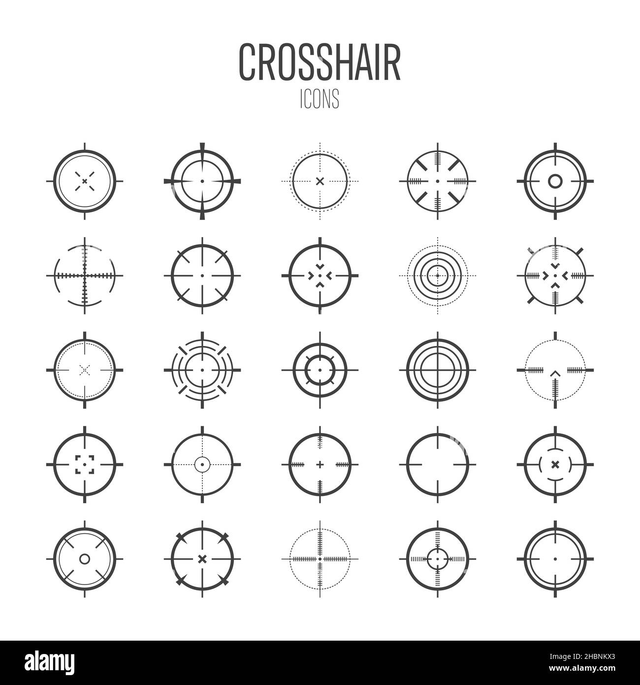 Crosshair, gun sight vector icons. Bullseye, black target or aim symbol ...