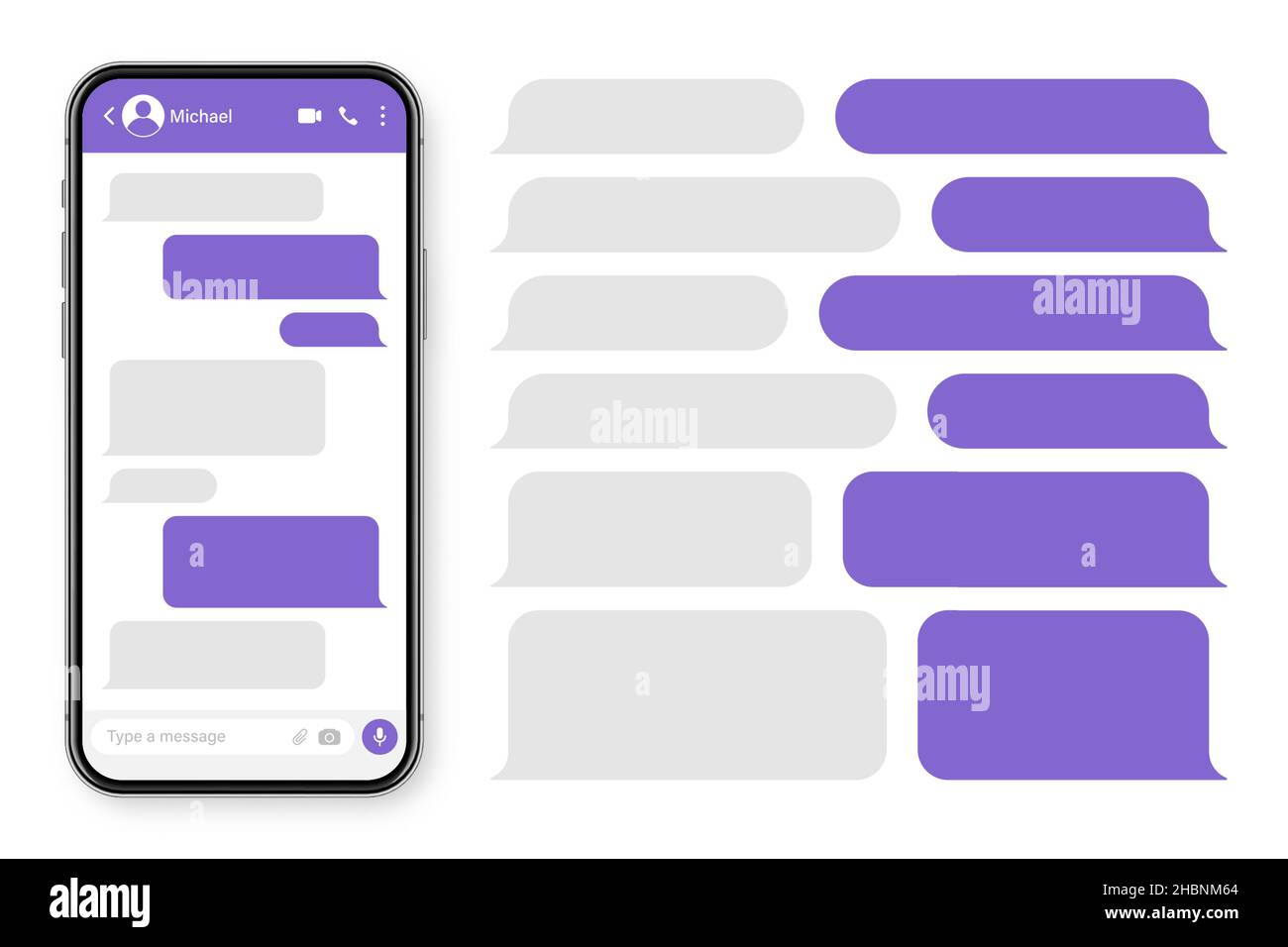 Realistic smartphone with messaging app. Blank SMS text frame ...