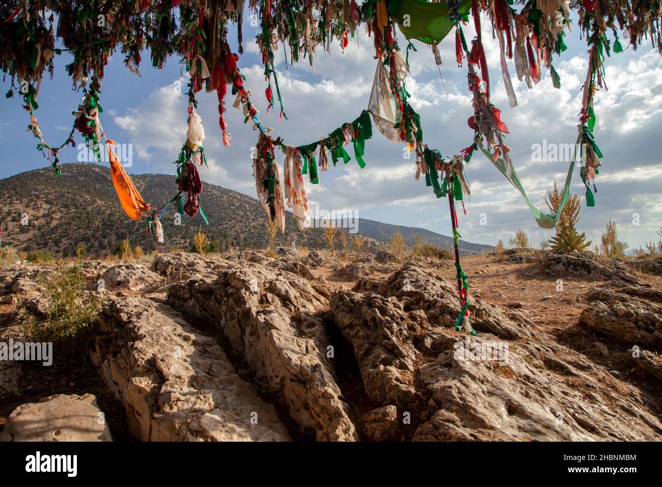 A multicolored traditional wish tree in the village of Tekke Stock ...