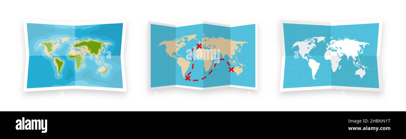 Folded world maps in a flat style. Simplified paper map with shadow ...