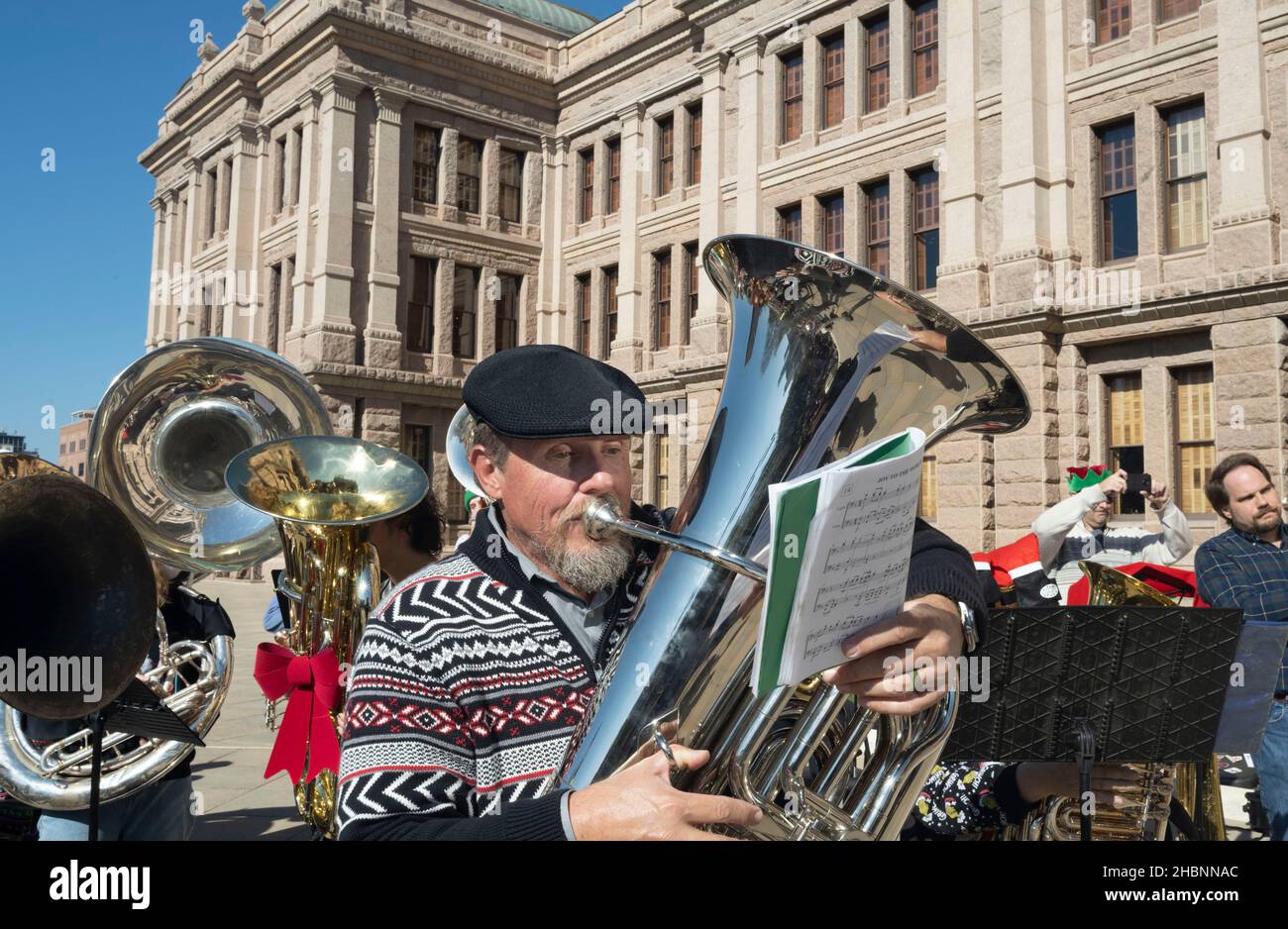 Tuba player MARK BLACK of Yorktown, Texas plays as musicians of all ...