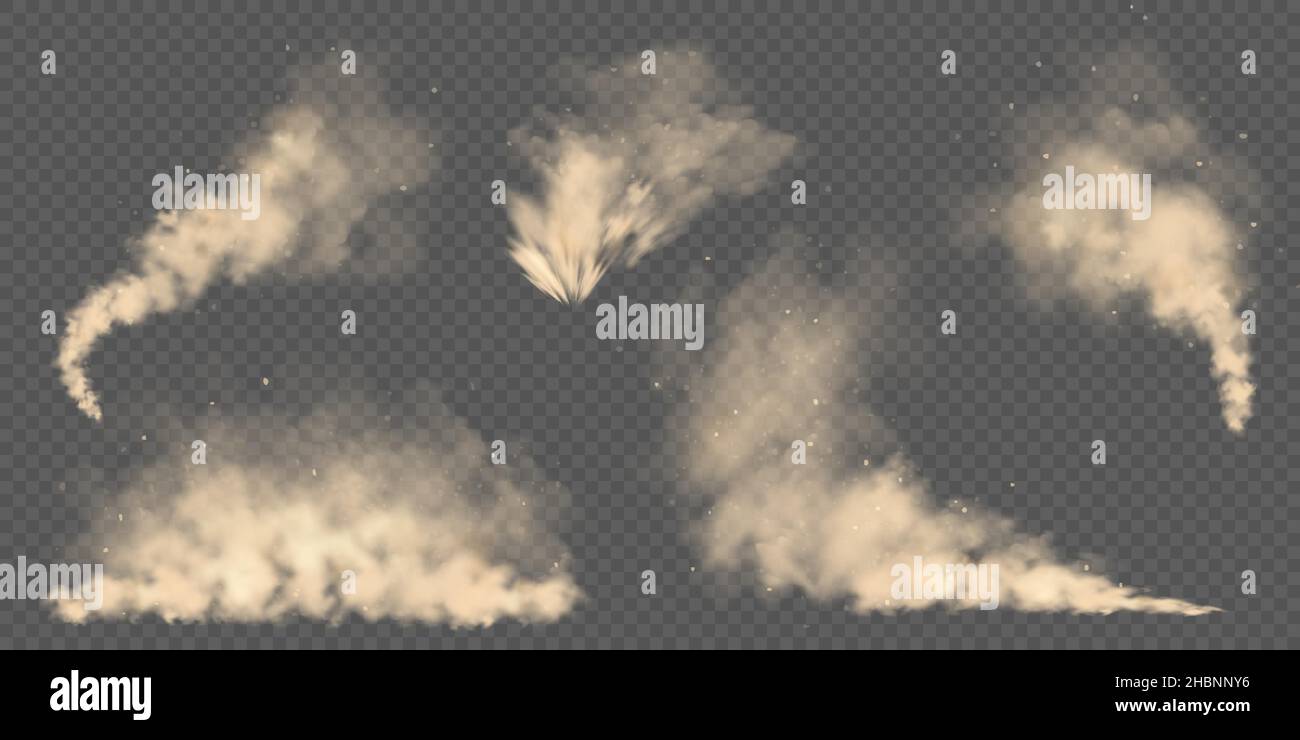 Realistic dust clouds. Road sand storm. Polluted dirty brown air with ...