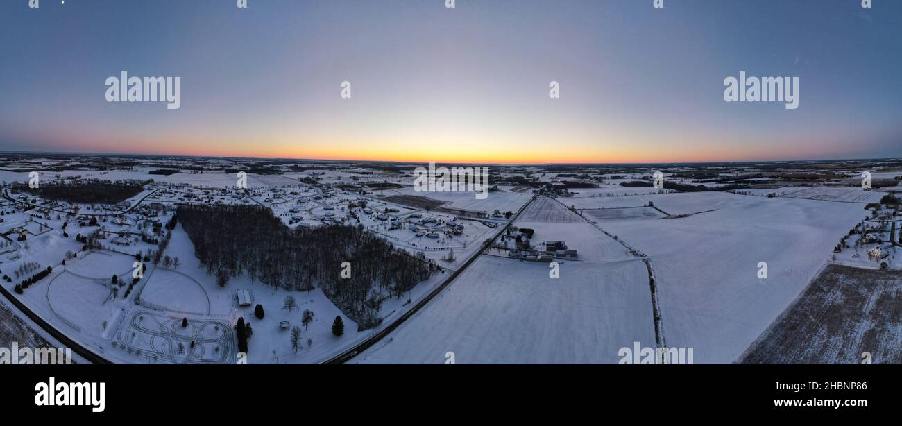 Panoramic landscape with agricultural fields and sunset in rural ...