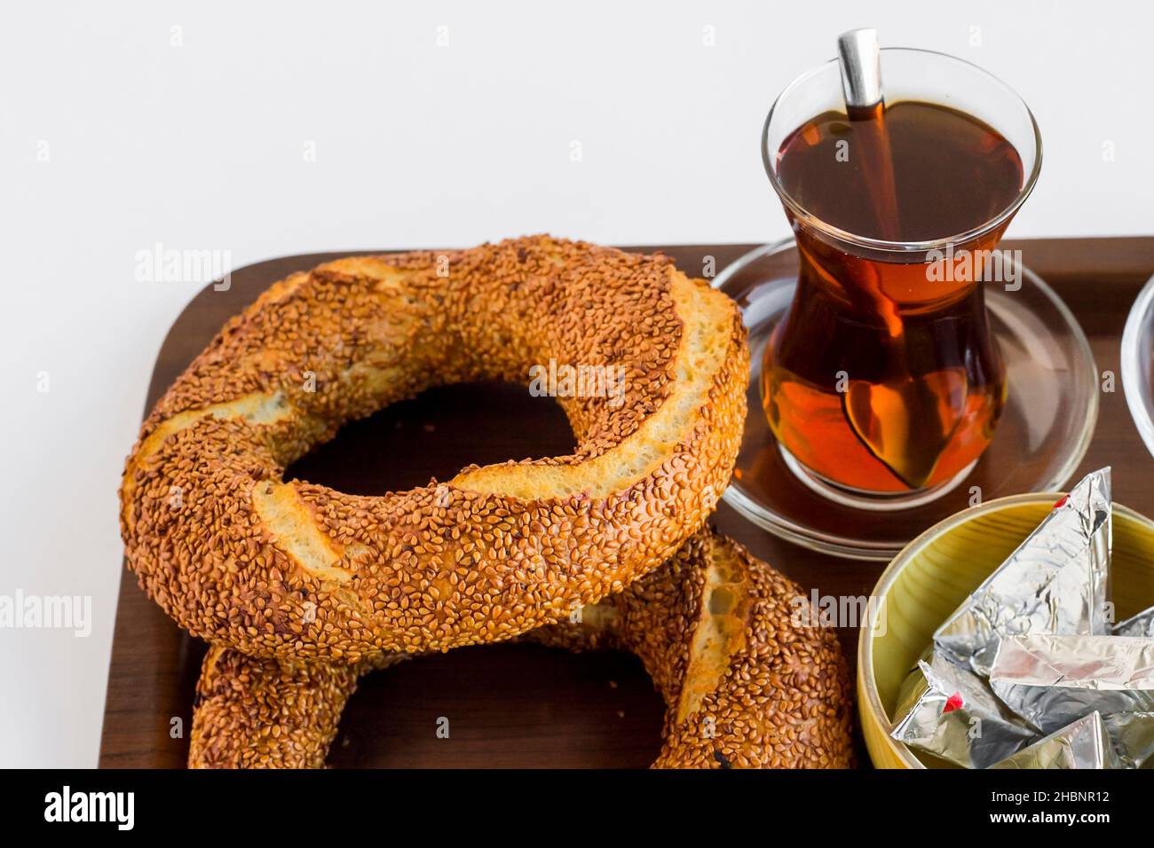 Snack breakfast with crispy, fresh,traditional Turkish Bagel Simit ...