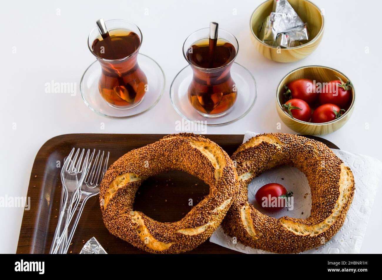 Snack breakfast with crispy, fresh,traditional Turkish Bagel Simit ...