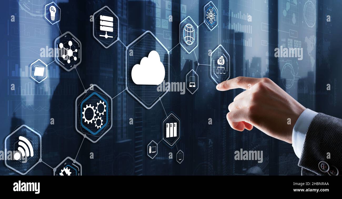 Futuristic Display. Cloud computing touchscreen interface business man finger touch cloud Stock ...