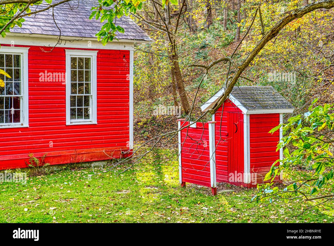 The little red outhouse outside the one room 19th century wooden ...