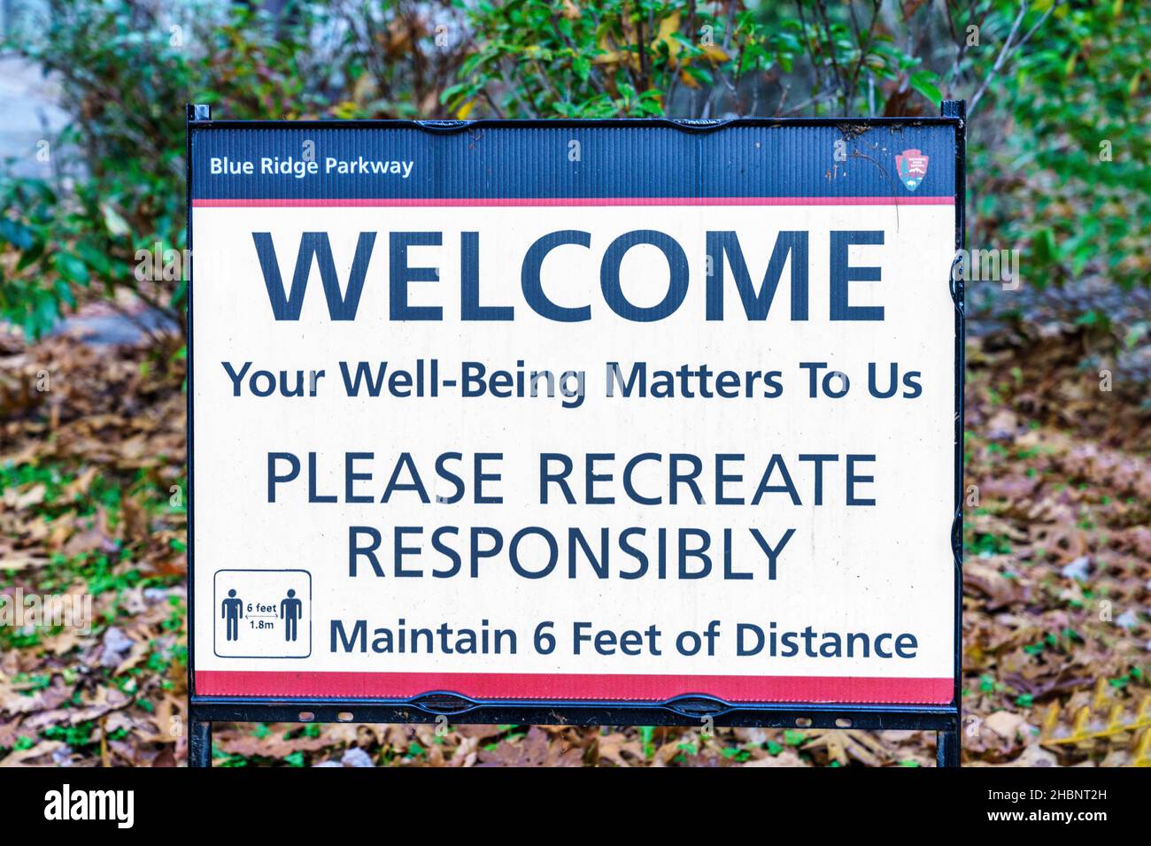 A covid social distancing sign at the Linville Falls Visitor Center on ...