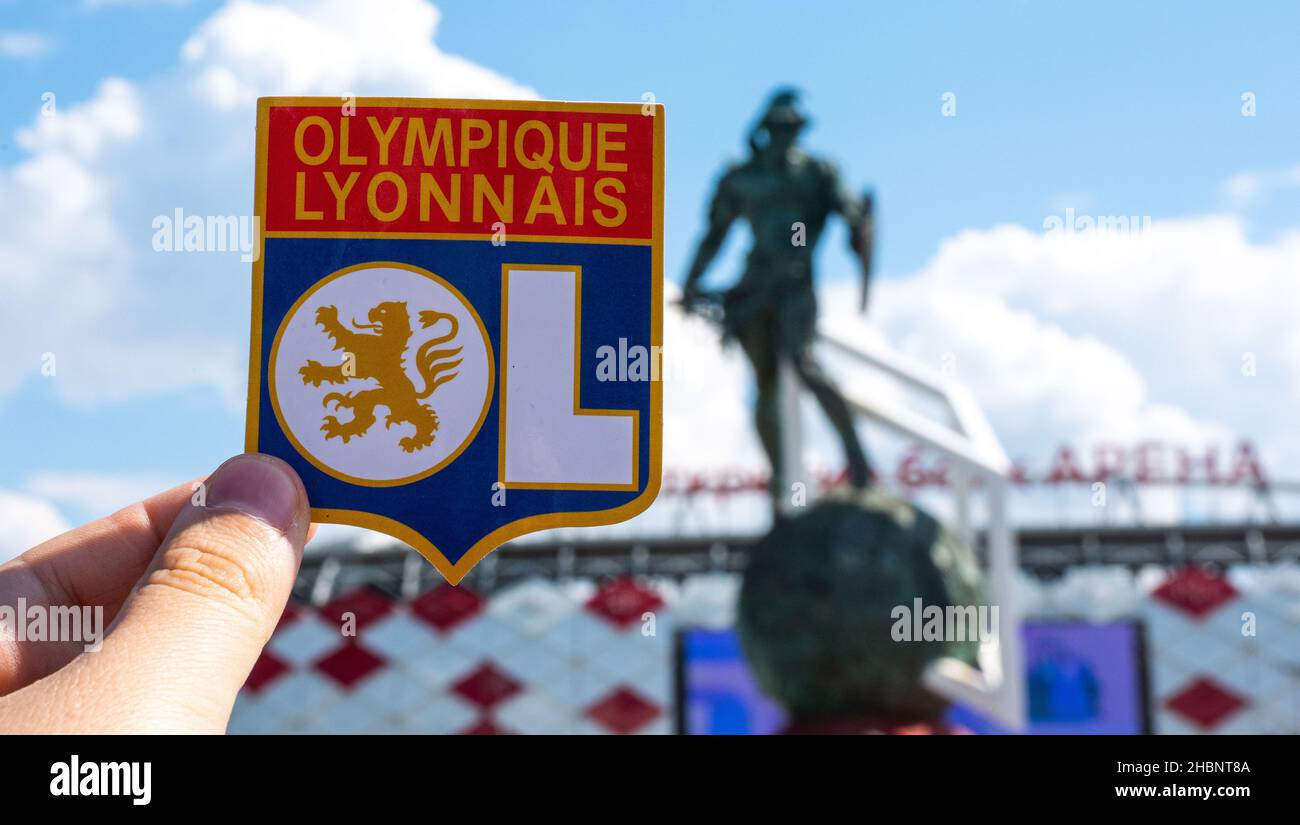 June 14, 2021, Lyon, France. The emblem of the football club Olympique ...