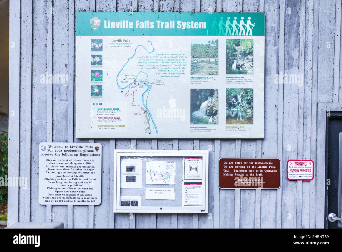 Information signs on the Linville Falls Visitor Center part of the Blue ...