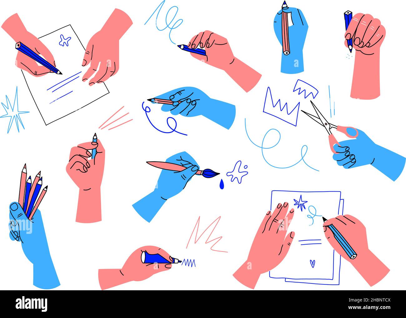 Hands hold stationery. Arms hold pencils and brushes. Isolated palms ...