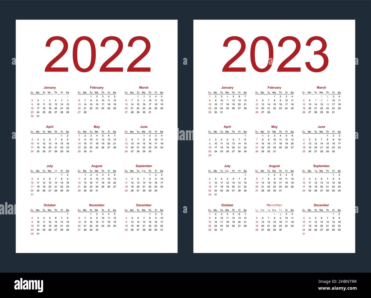 Simple editable vector calendars for year 2022, 2023. Week starts from ...