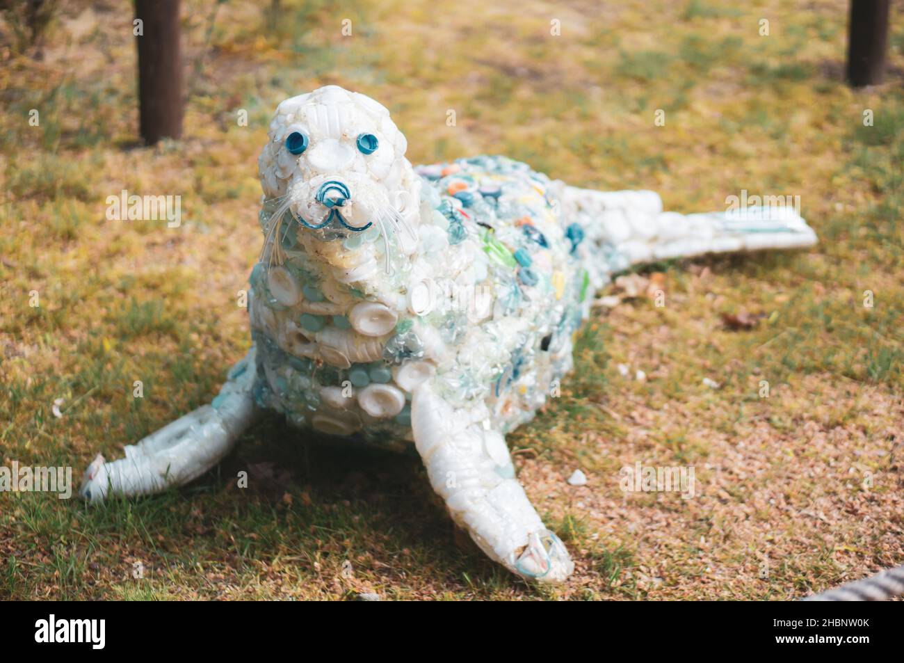 POZNAN, POLAND - May 05, 2019: A sea lion made of plastic waste in the ...