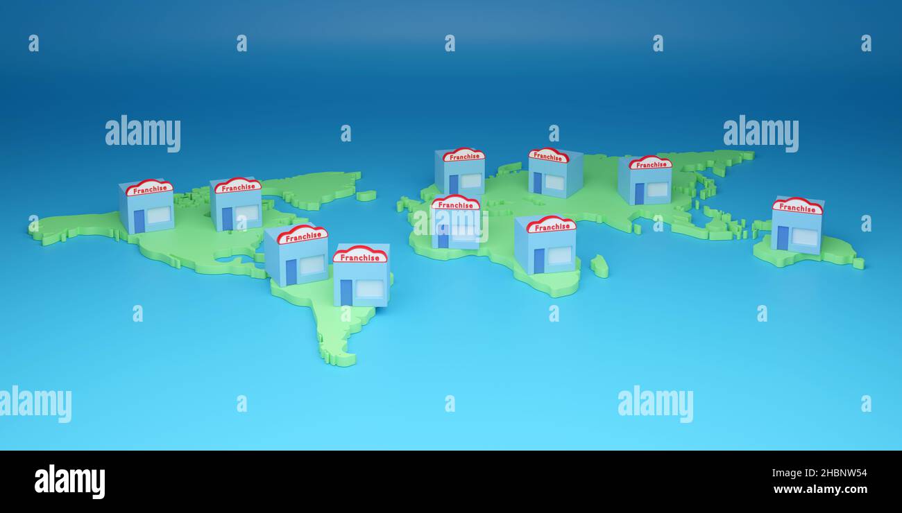 Franchise stores on a three-dimensional world map. 3d illustration ...