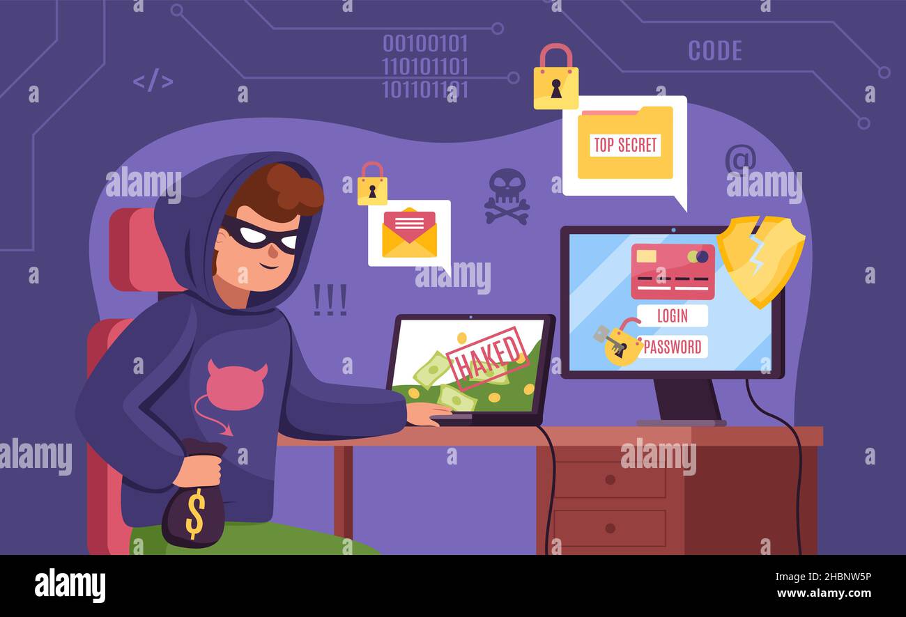Hacker work. Cybercriminal workplace. Digital thief commits hacking ...