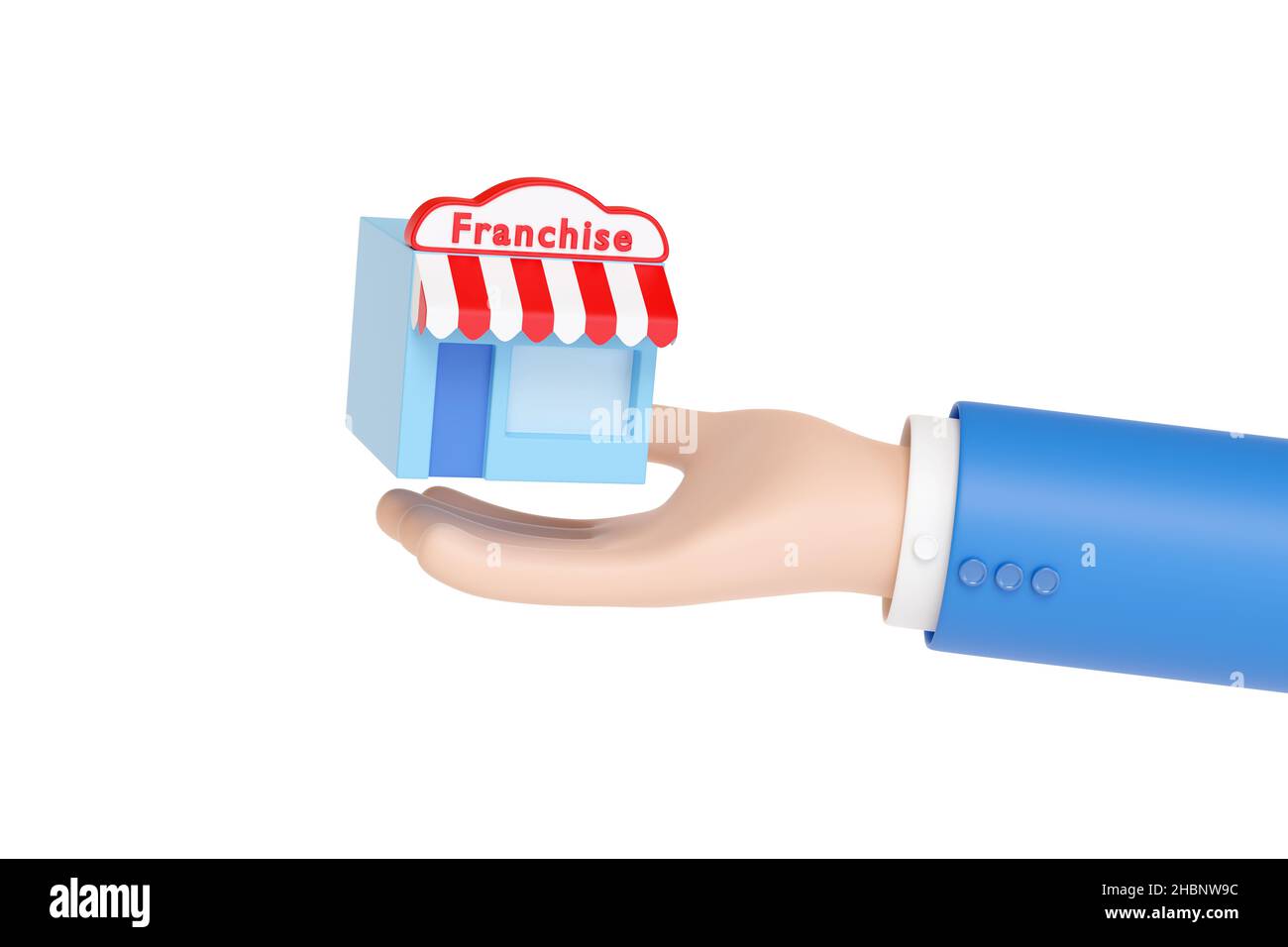 Cartoon hand holding a store. Franchise concept. 3d illustration Stock ...