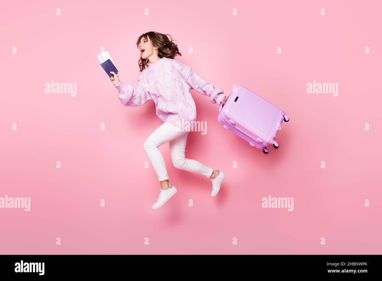 Full length body size view of lovely cheerful girl jumping running ...