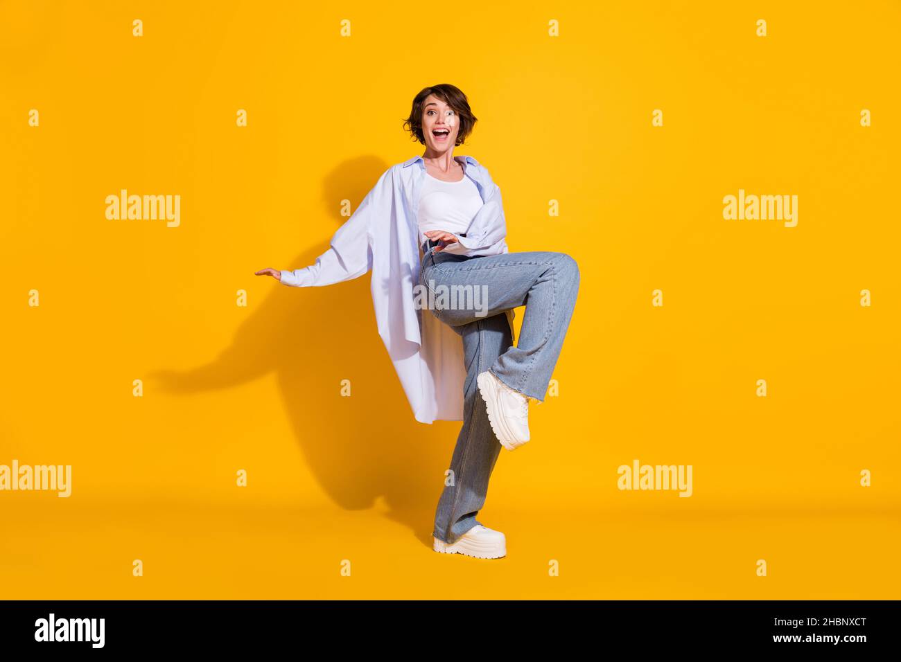 Full length body size photo of funky female hipster wearing stylish ...