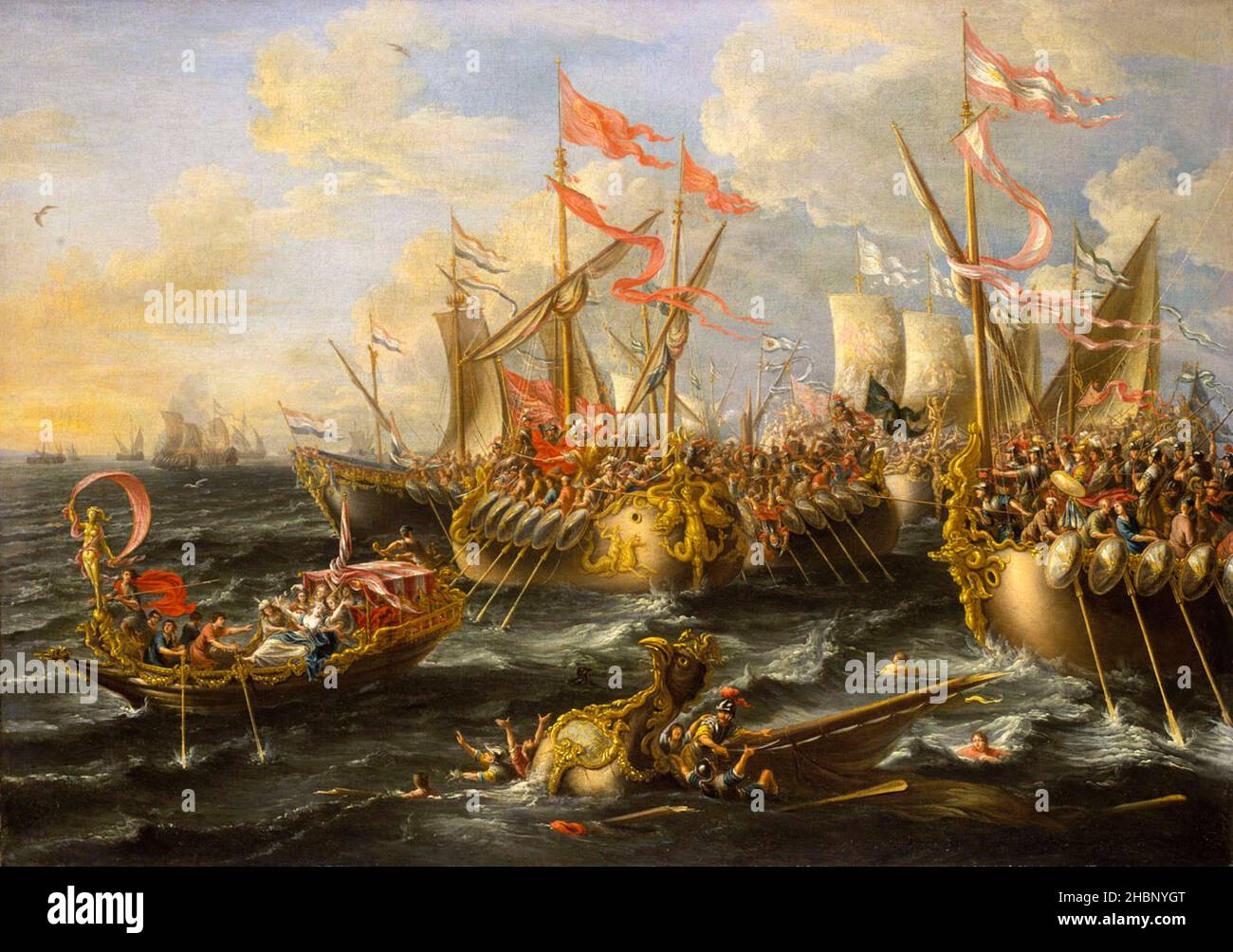 A scene from the Battle of Actium, a naval action in the war between ...