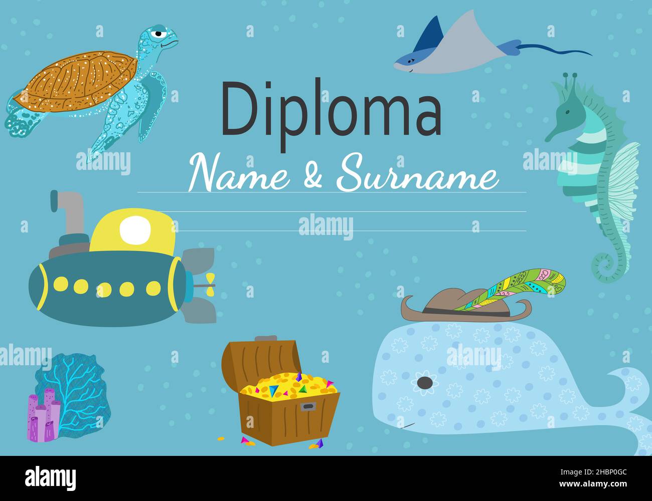 Achievement diploma for children. Vector diploma template with cute sea ...